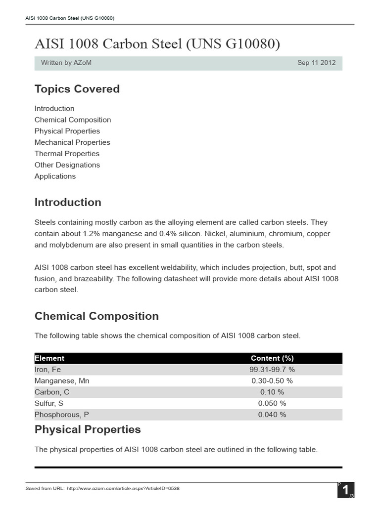 AISI 1008 Carbon Steel Properties | PDF | Steel | Chemical Elements