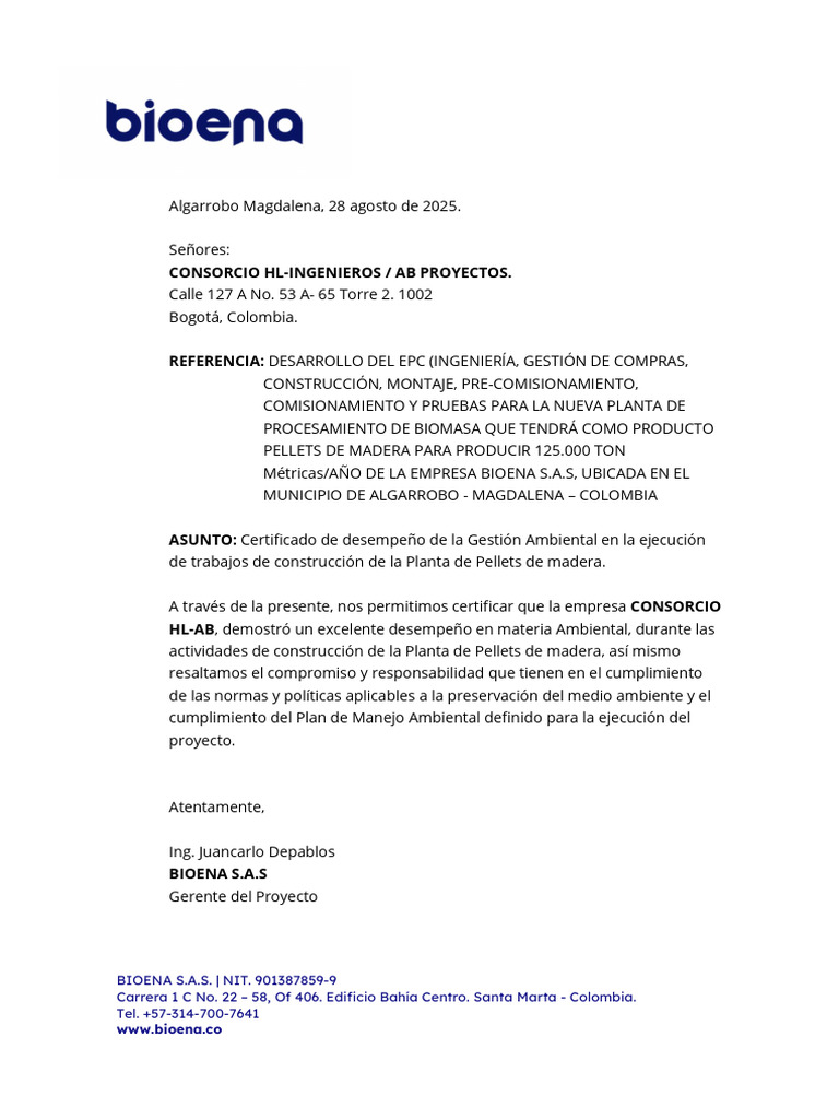 Certificación Ambiental Planta Bioena | PDF
