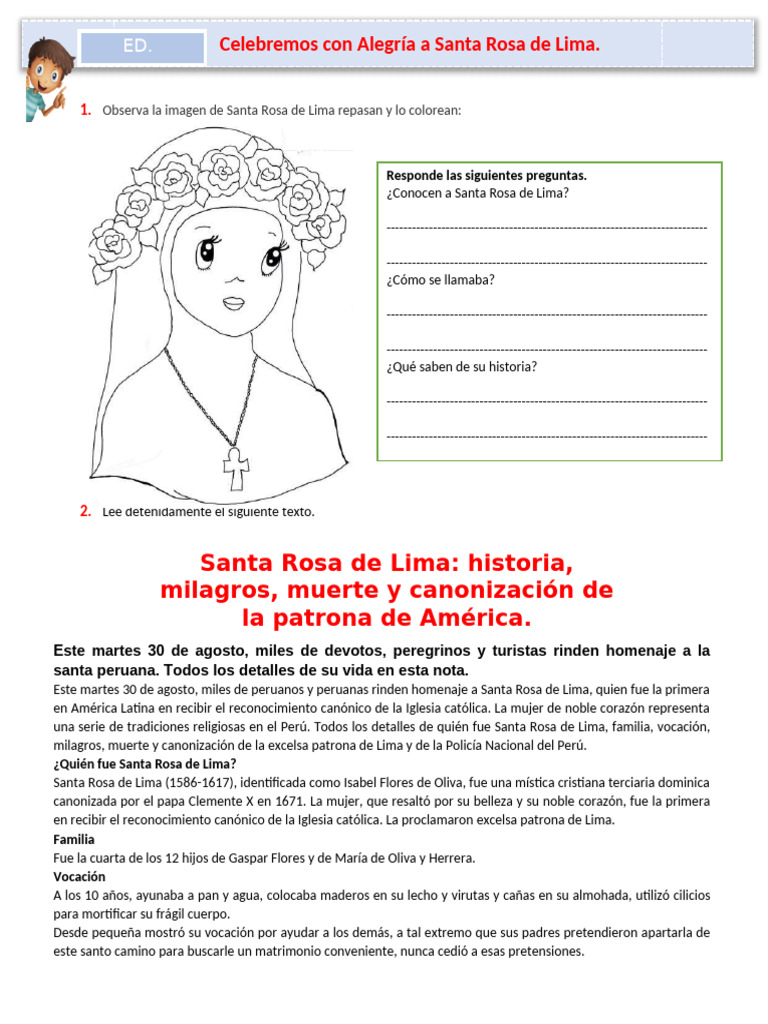 D2 A2 FICHA REL. Celebremos Con Alegría A Santa Rosa de Lima.-2 | PDF | Iglesia Católica