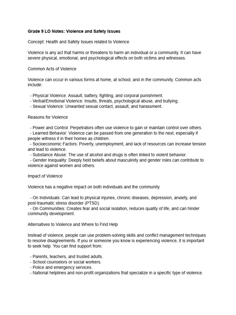 Grade 9 Notes on Violence and Safety | PDF | Violence | Psychology