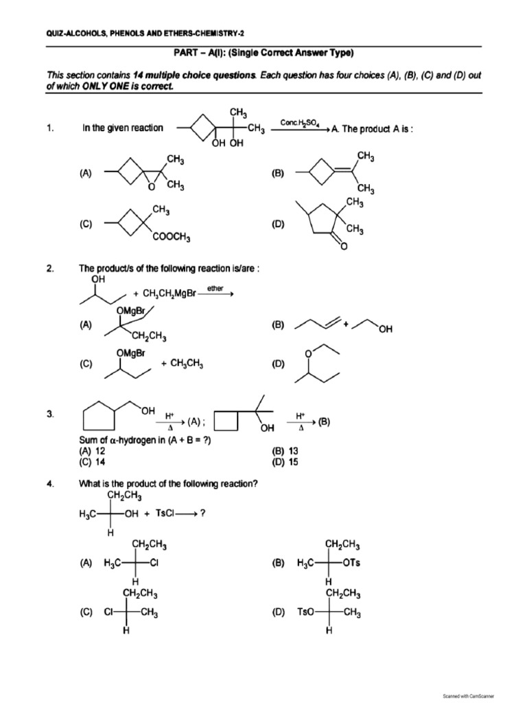 Quiz Alcohols, Phenols and Ethers CLVK Final | PDF