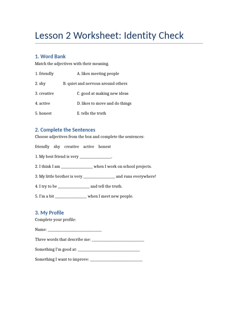 Identity Check Worksheet for Adjectives | PDF