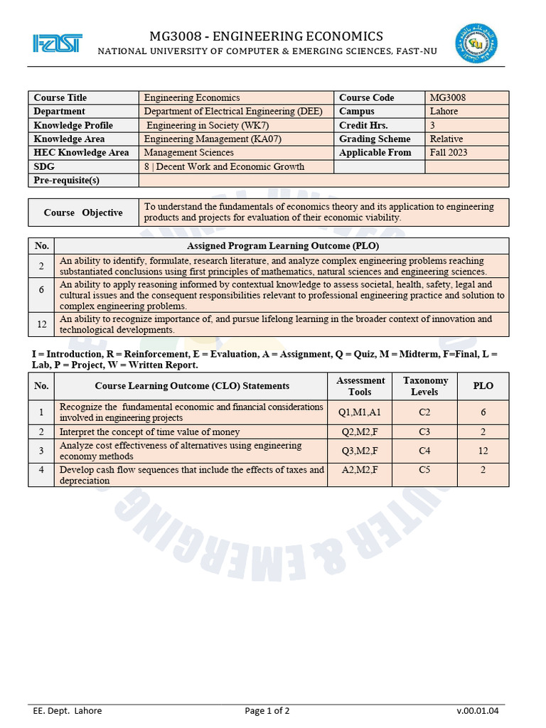 Engineering Economics Course Overview | PDF | Engineering | Economics