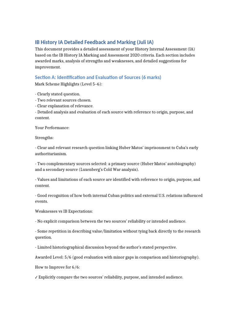 Juli History IA Feedback Formatted | PDF | Evaluation | Historiography