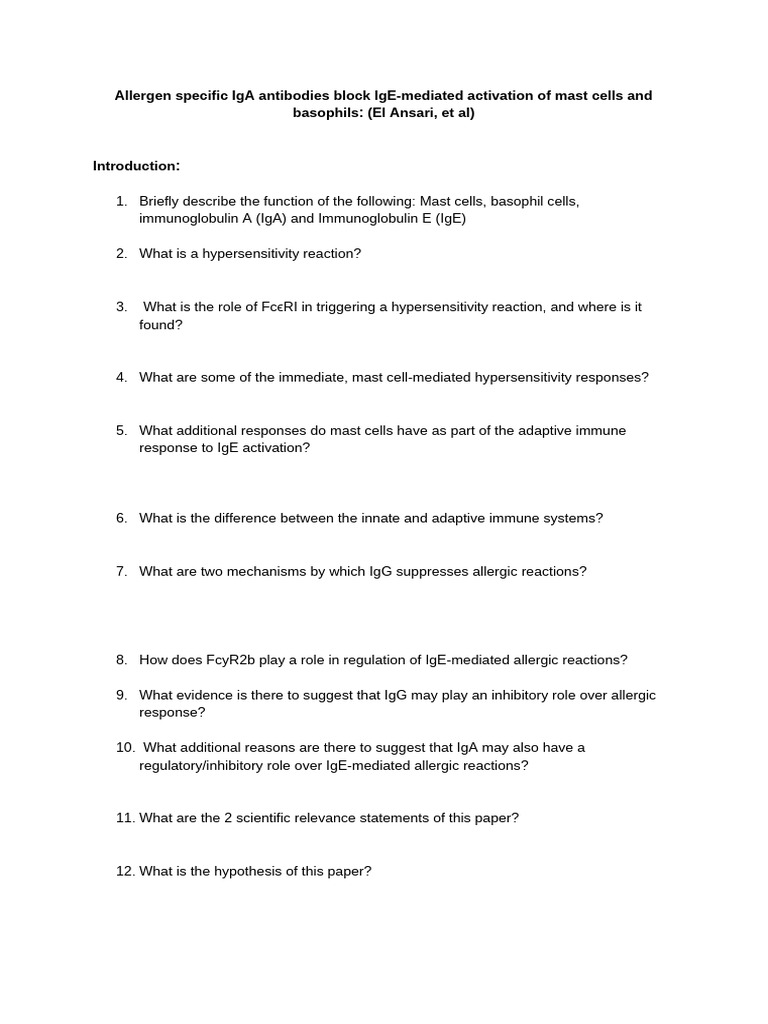 BLANK Allergy Questions | PDF | Allergy | Cell Biology