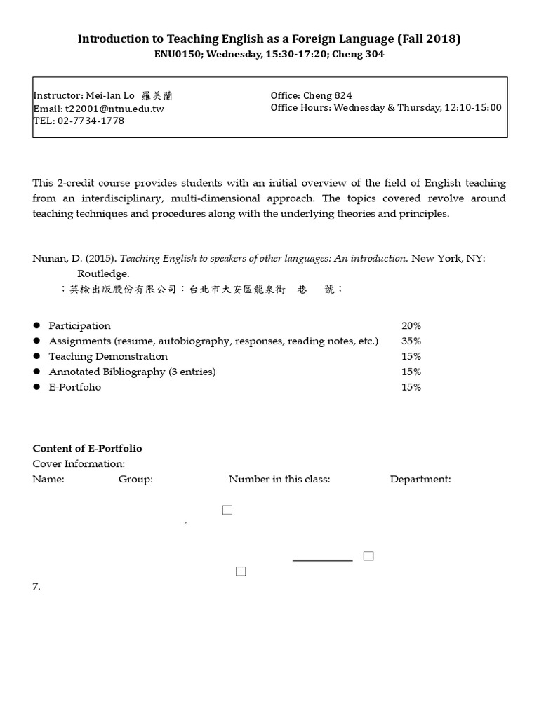 Syllabus (Introduction To TEFL - Fall 2018) | PDF | Lesson Plan ...
