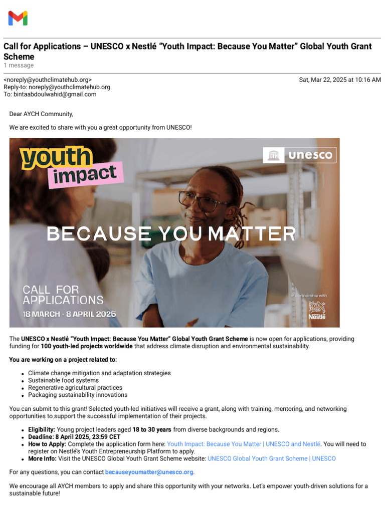 Call For Applications - UNESCO X Nestlé "Youth Impact - Because You ...