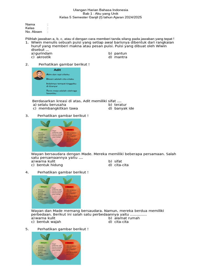 Ulangan Harian Bahasa Indonesia Kelas 5 | PDF