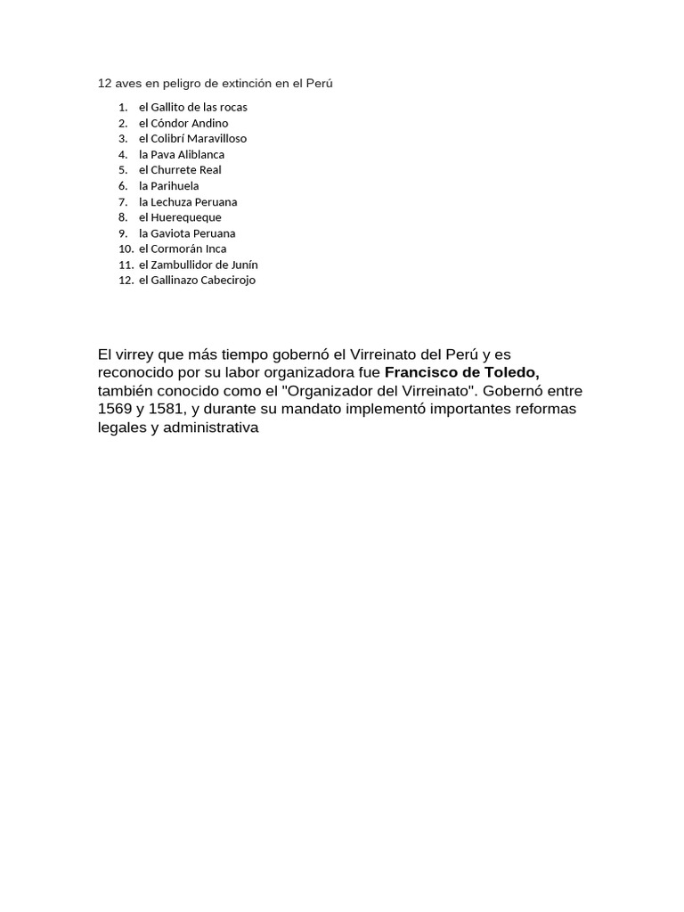 12 Aves en Peligro de Extinción en El Perú | PDF