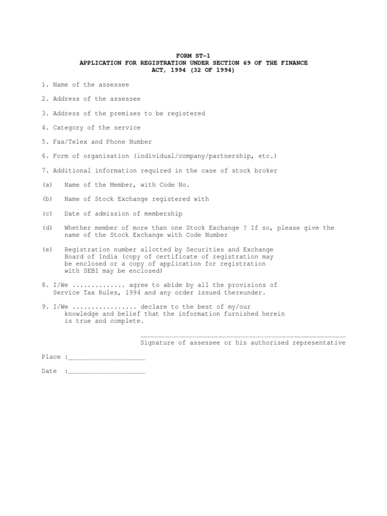 Form St-1 Application For Registration Under Section 69 of The Finance ...