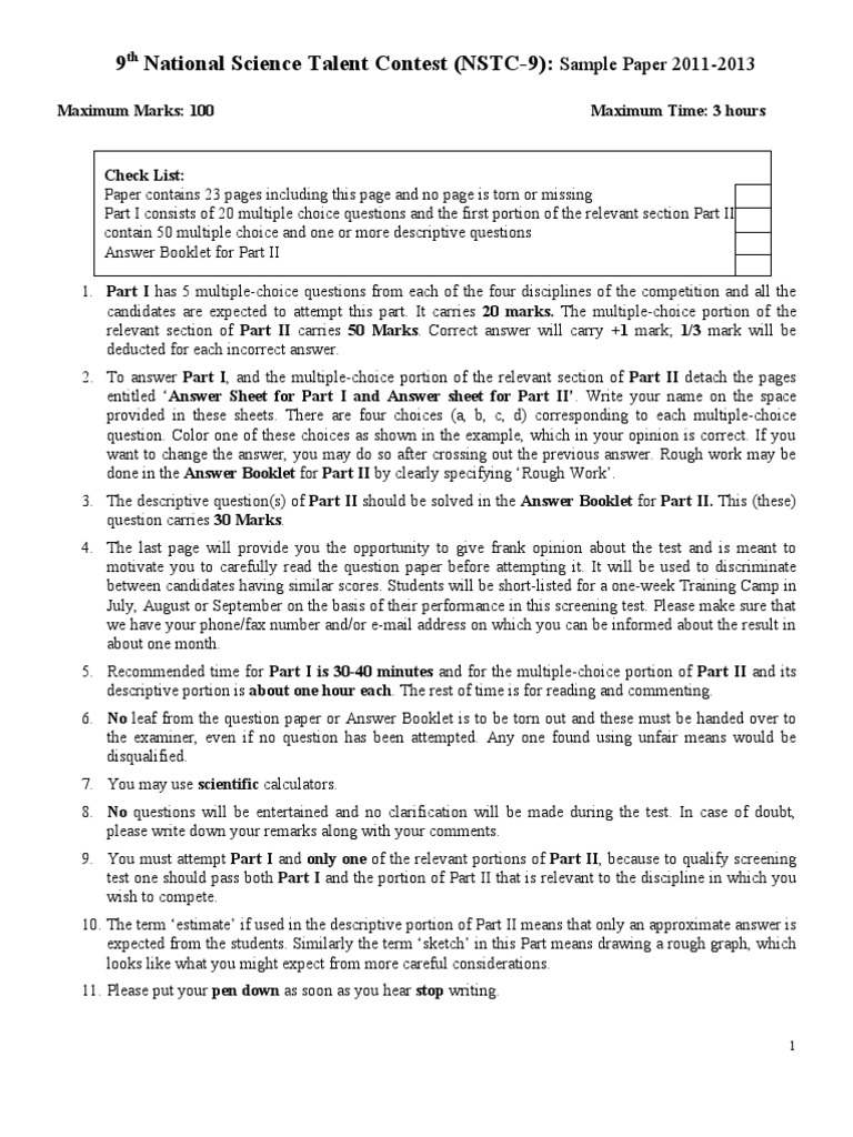 NSTC 9 Sample Paper 2011 13 V1 | PDF | Carbon | Dominance (Genetics)