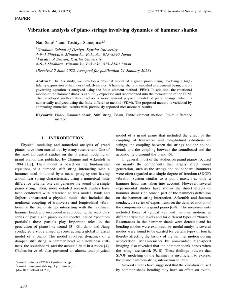 Vibration Analysis of Piano Strings Involving Dynamics of Hammer Shanks ...