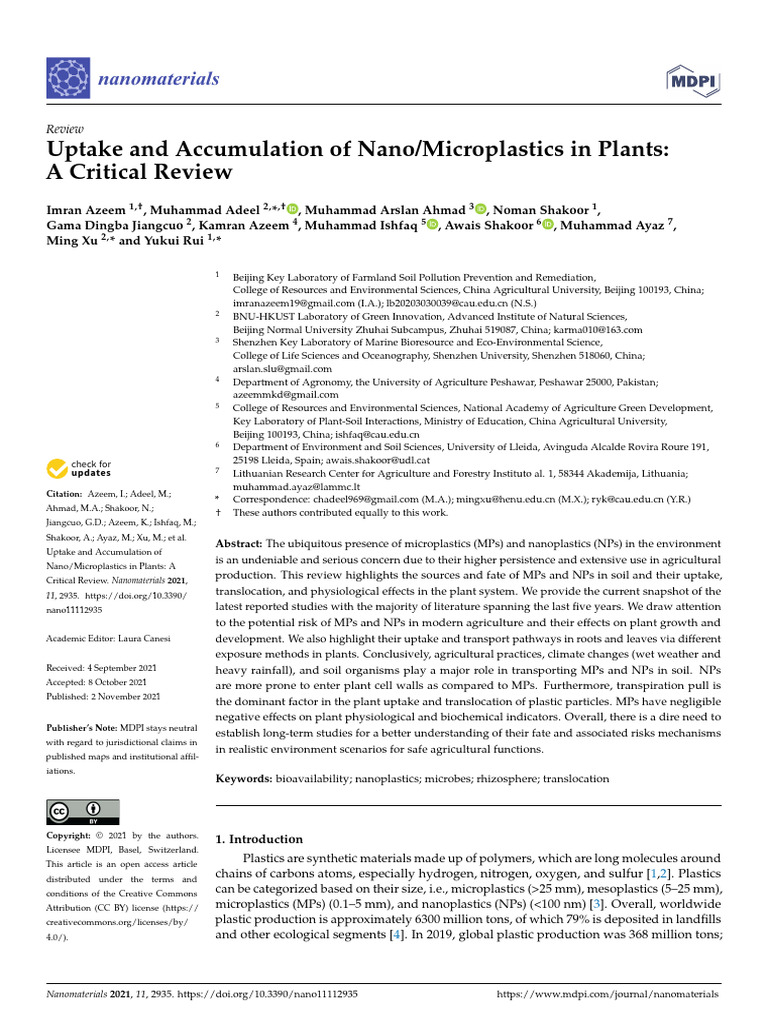 Nano/Microplastics Uptake in Plants Review | PDF | Adsorption | Soil