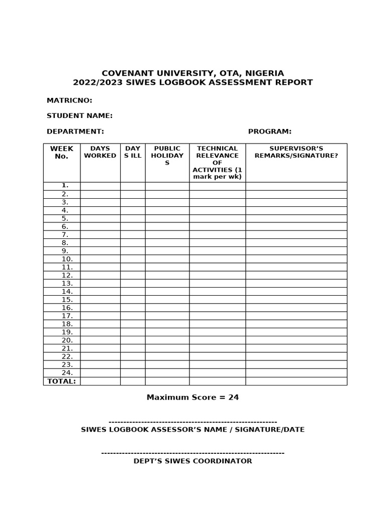 6b. SIWES Logbook Grading Form | PDF