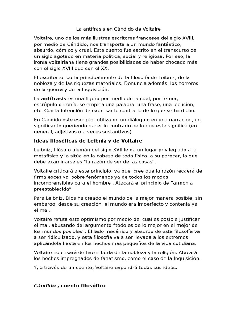 Antífrasis y crítica en Cándido de Voltaire | PDF | Sincero | Voltaire