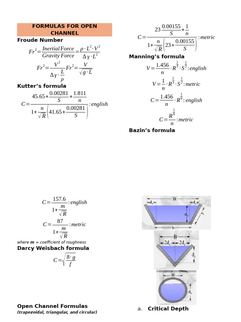 Open Channel Flow Formulas and Examples | PDF | Civil Engineering ...