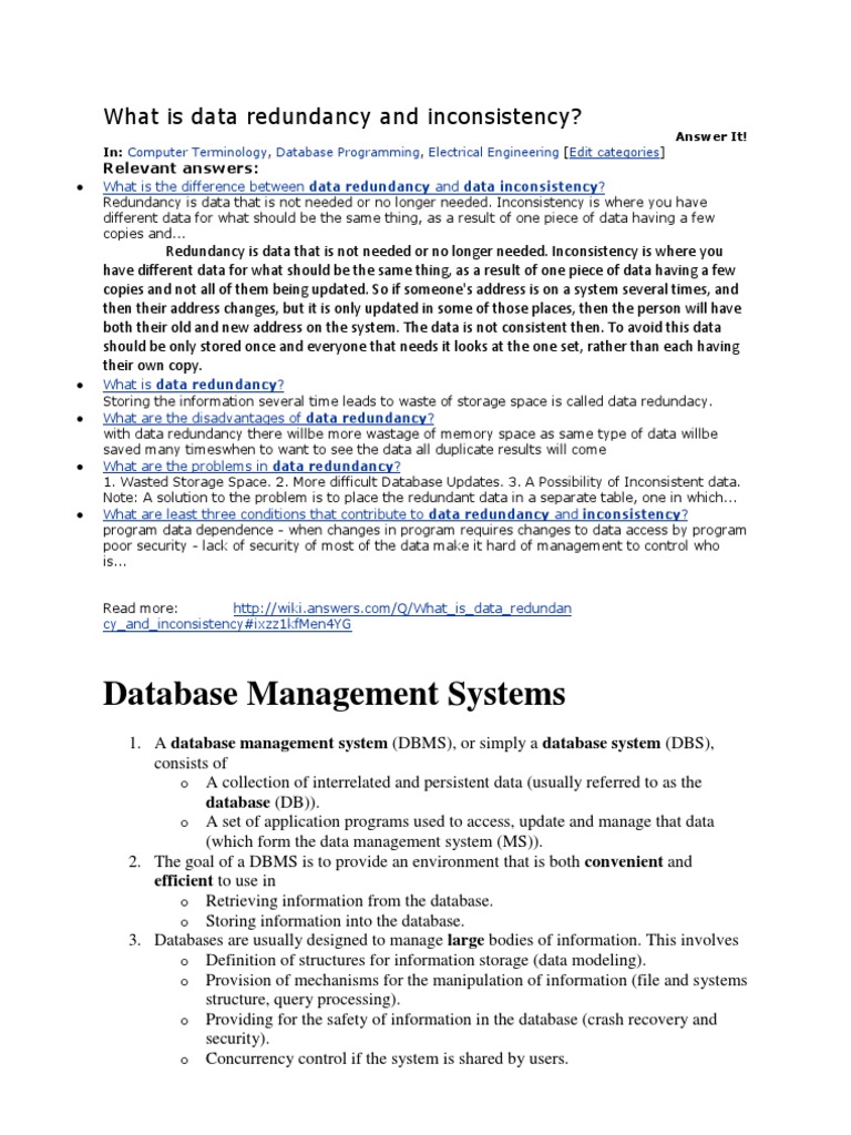 What Is Data Redundancy And Inconsistency Pdf Databases Computer