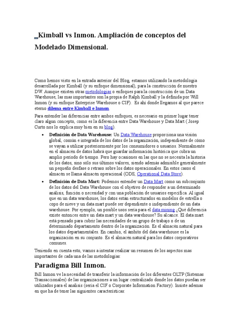 Kimball vs Inmon: Enfoques de DW | PDF | Almacén de datos | Responsabilidad