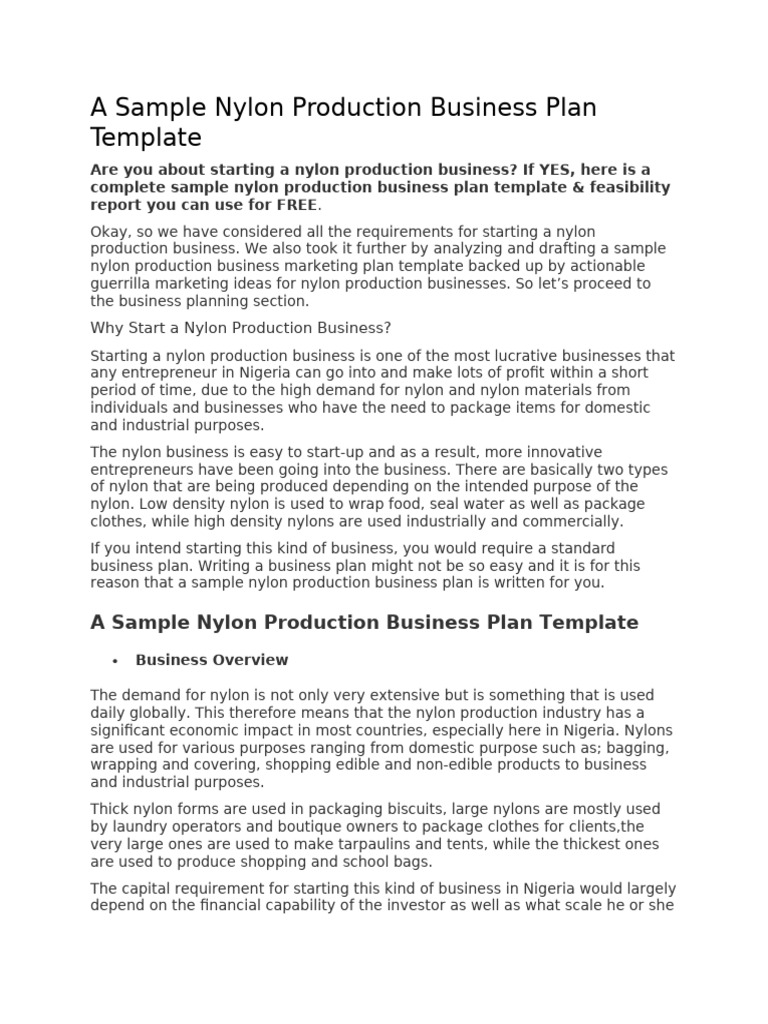 Nylon Production Business Plan Template | PDF | Startup Company | Small ...