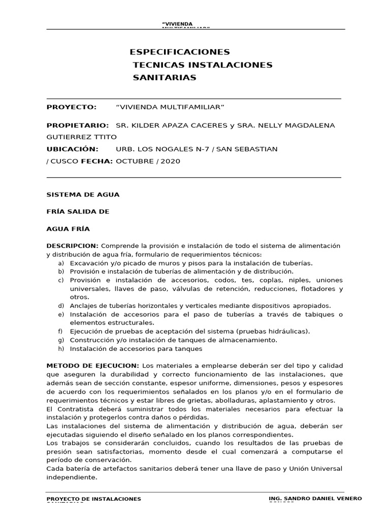 E T Sanitarias Sr. Kilder | PDF | Tubería (transporte de fluidos) | Tap ...