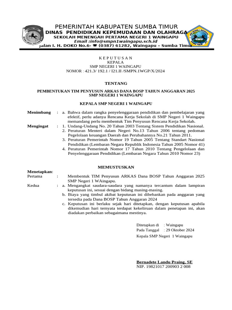 Pembentukan Tim ARKAS BOSP 2025 | PDF
