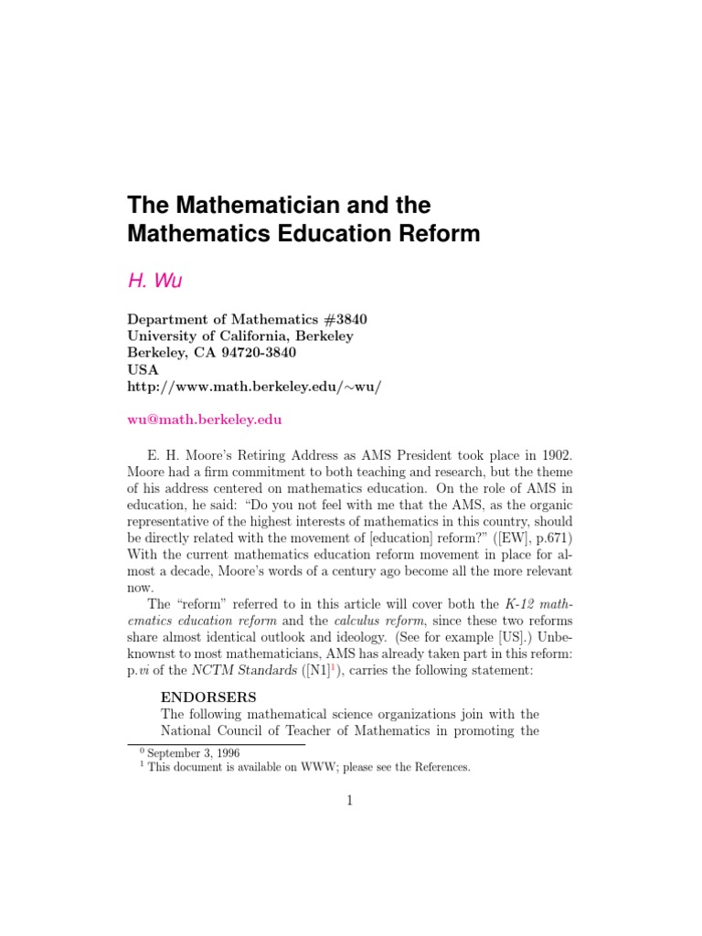 The Mathematician and The Mathematics Education Reform: Wu@math ...