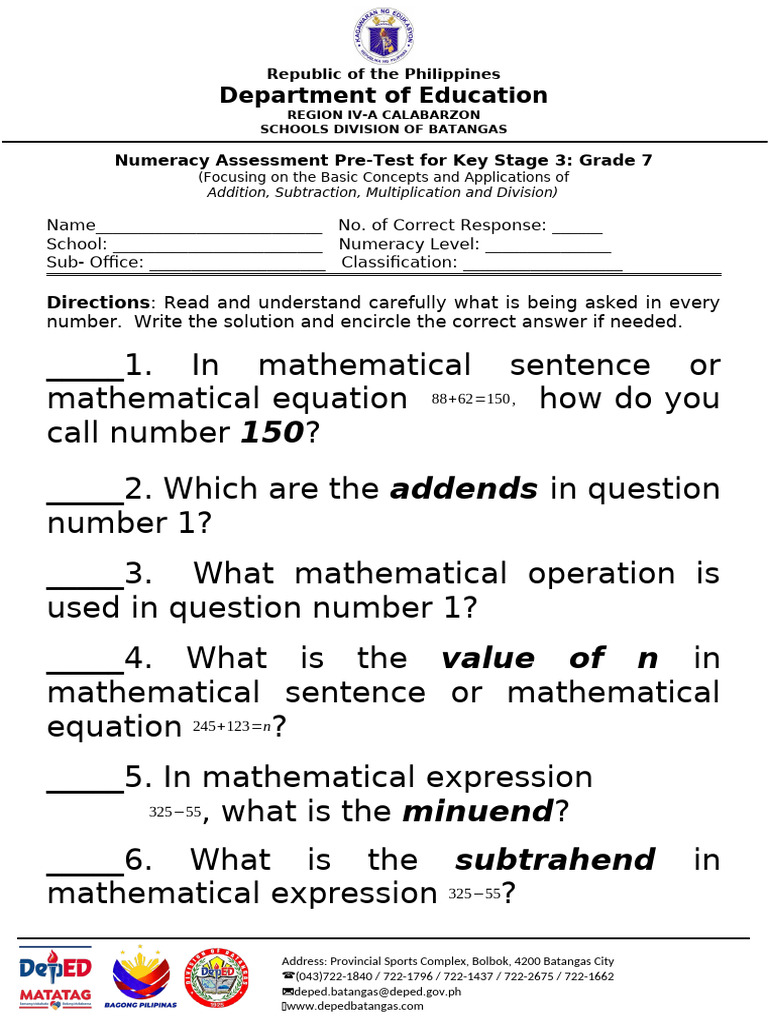 Grade 7 Numeracy Assessment Pre-Test | PDF | Subtraction | Elementary ...
