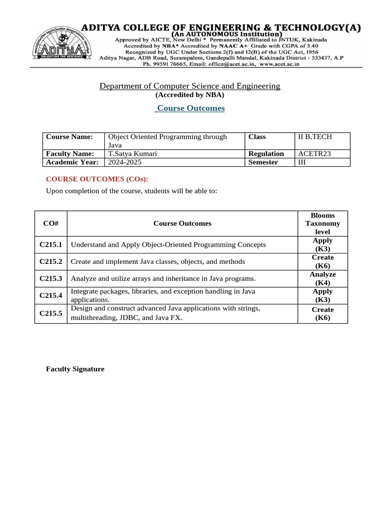 Java OOP Course Outcomes for B.Tech | PDF