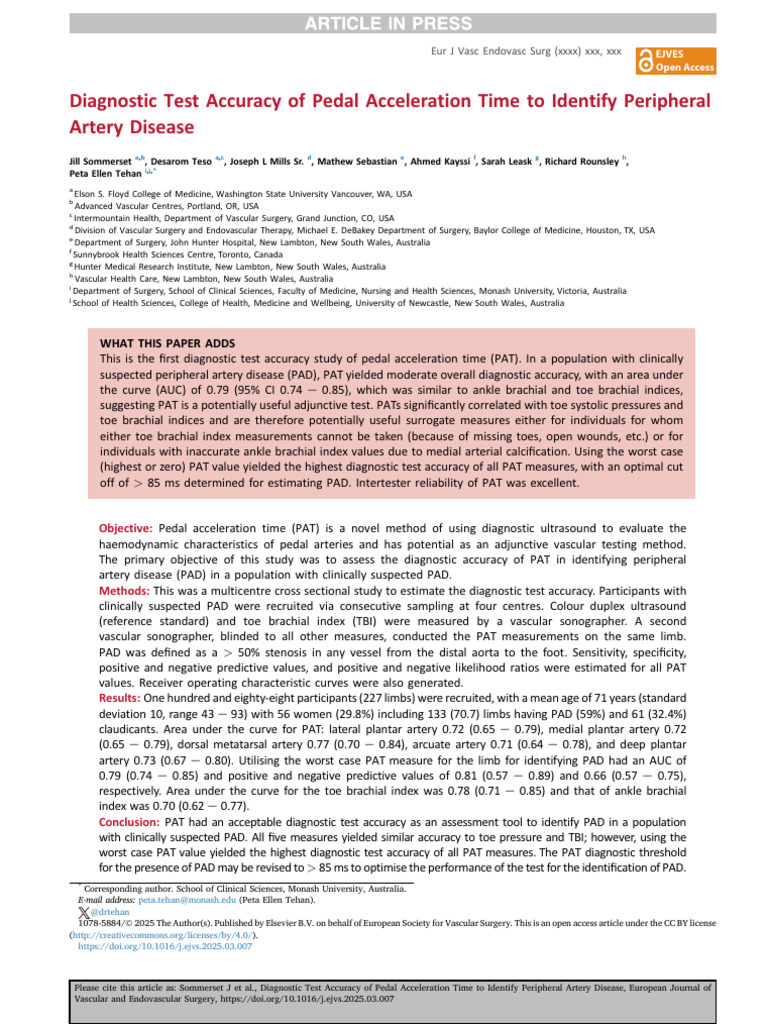 Pedal Acceleration Time for PAD Diagnosis | PDF | Receiver Operating ...