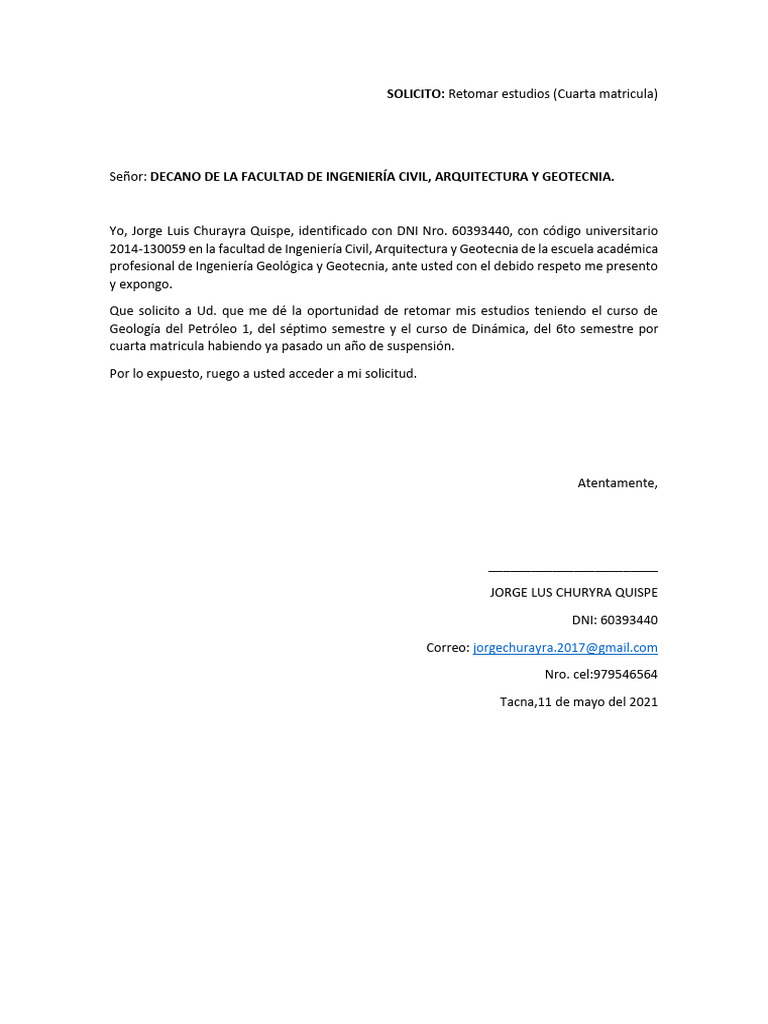 Solicitud para Retomar Estudios Universitarios | PDF