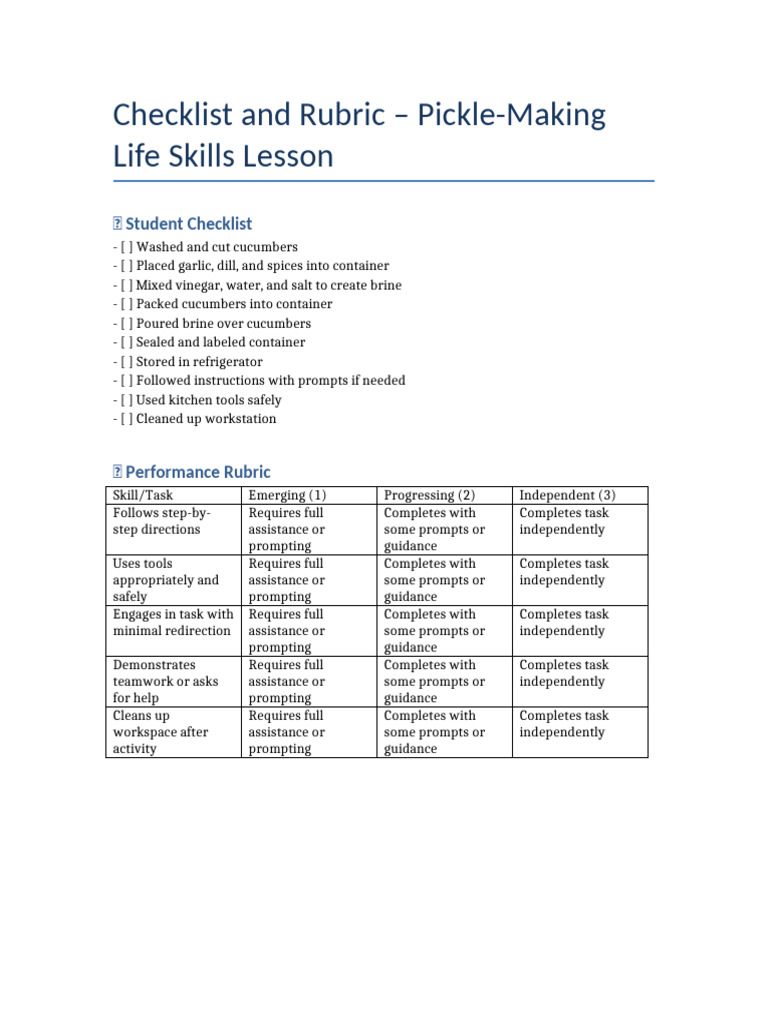 Pickle Making Lesson Checklist Rubric | PDF