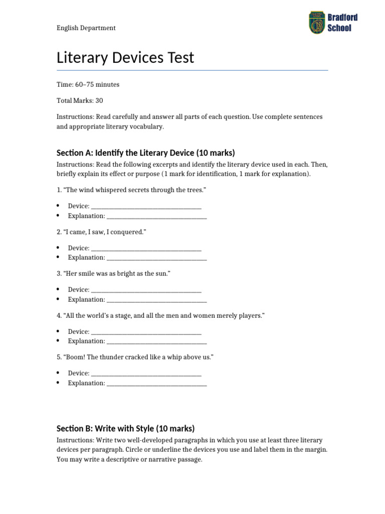 Literary Devices Test With Image | PDF | Paragraph | Cognition