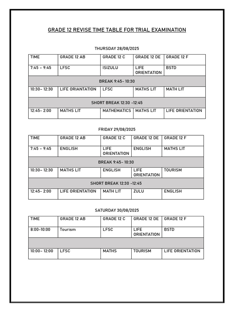 Grade 12 Trial Exam Timetable 2025 | PDF