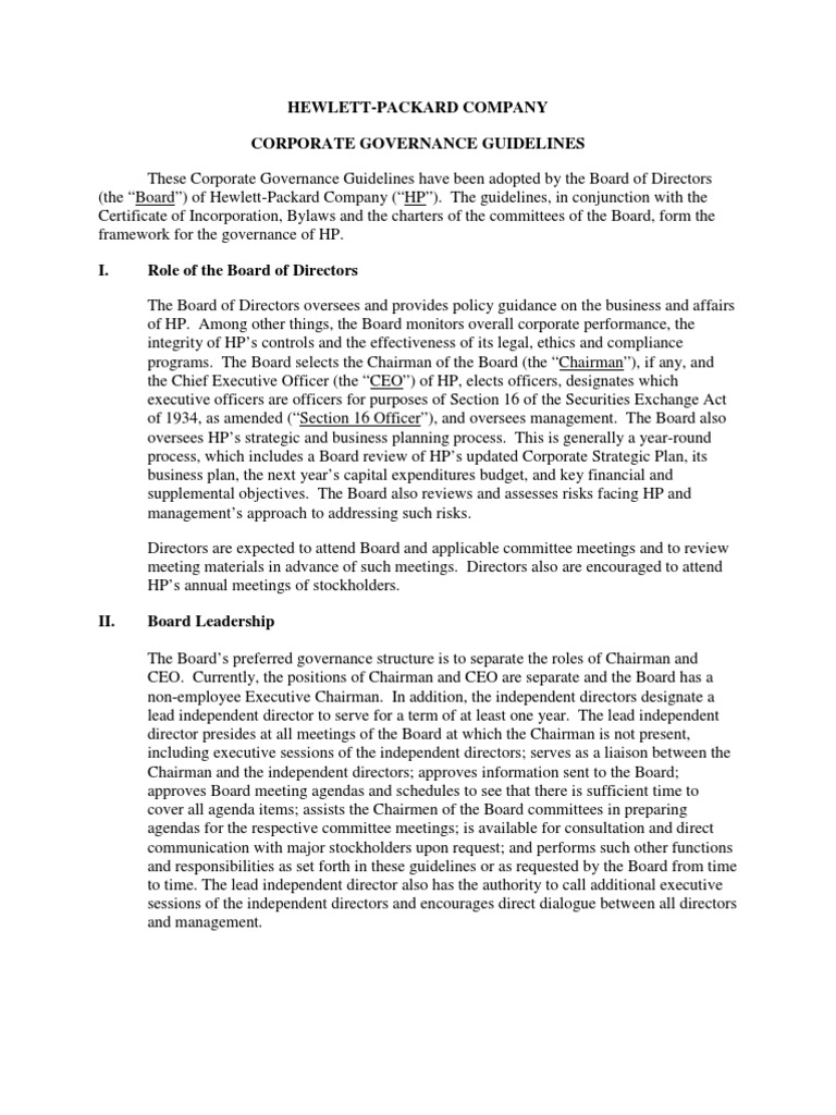Hewlett-Packard Company Corporate Governance Guidelines | PDF | Board ...