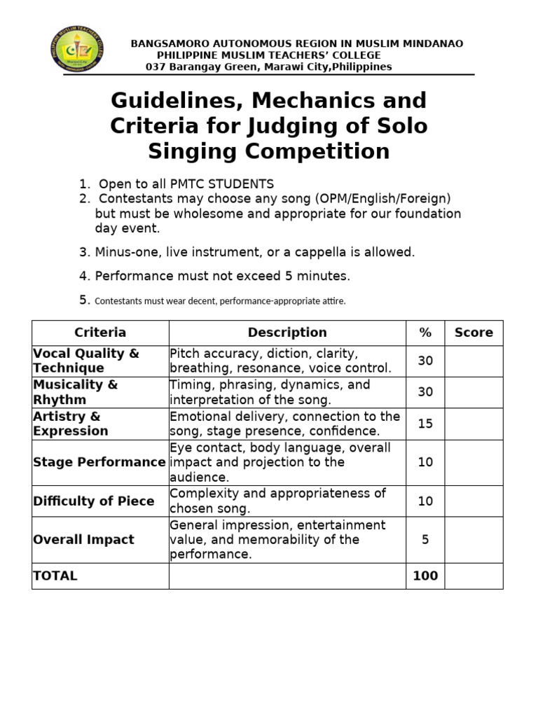 PMTC Singing Competition Guidelines | PDF | Singing | Songs