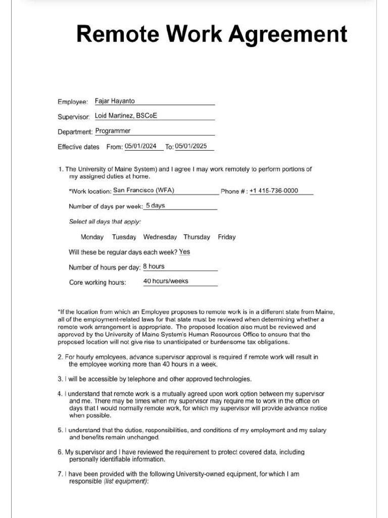 Remote Work Agreement SF | PDF