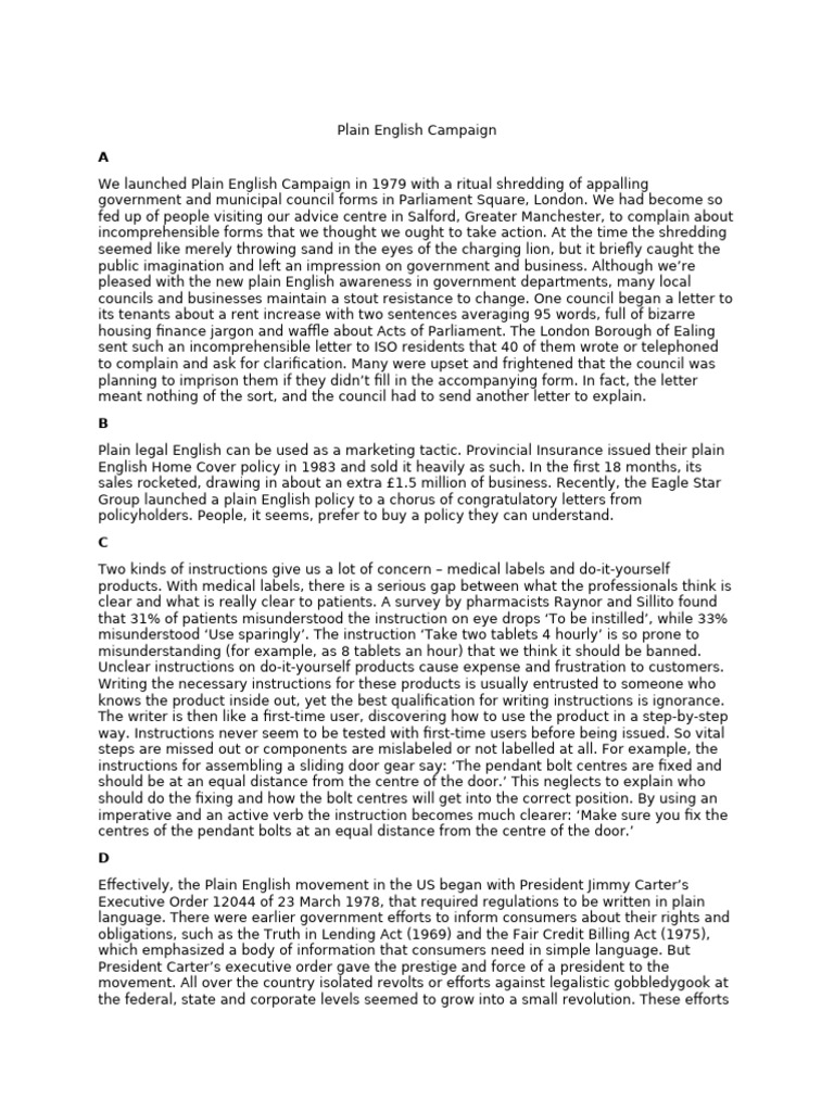 Plain English Campaign Overview | PDF | Jimmy Carter