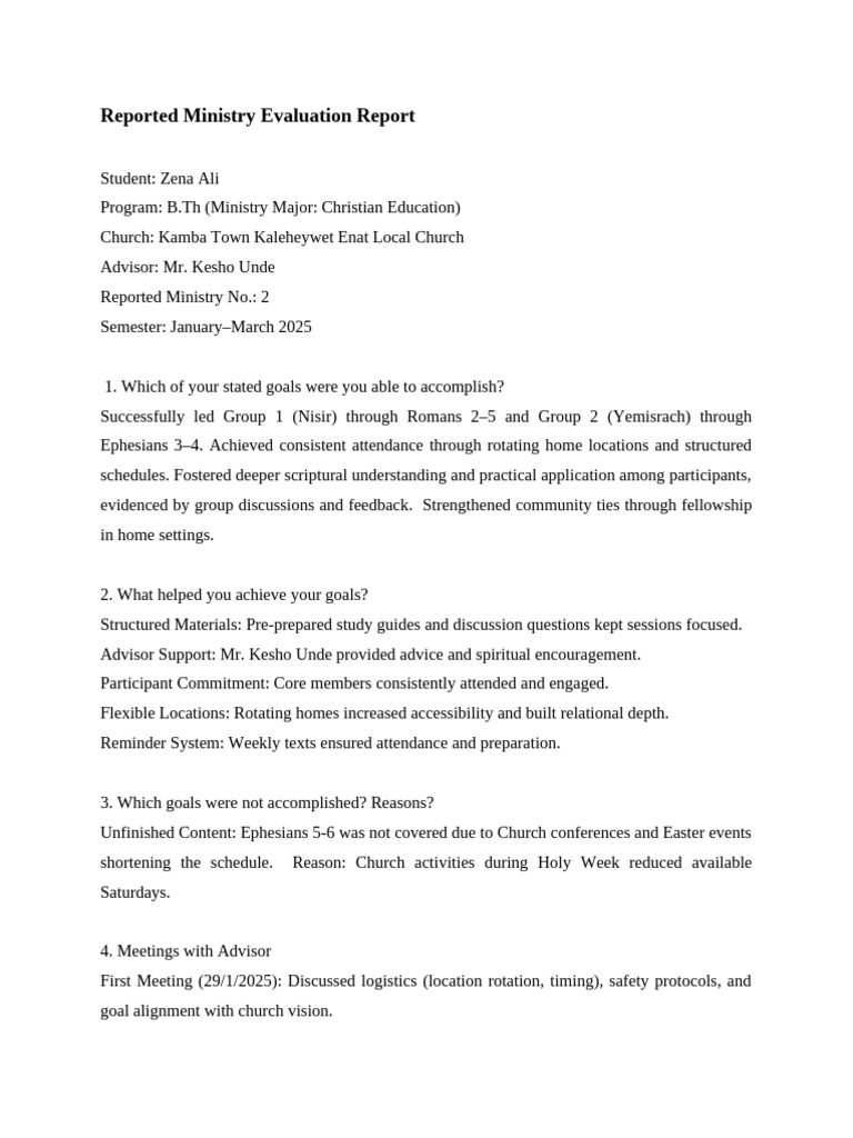 Ministry Evaluation: Zena Ali's Report | PDF