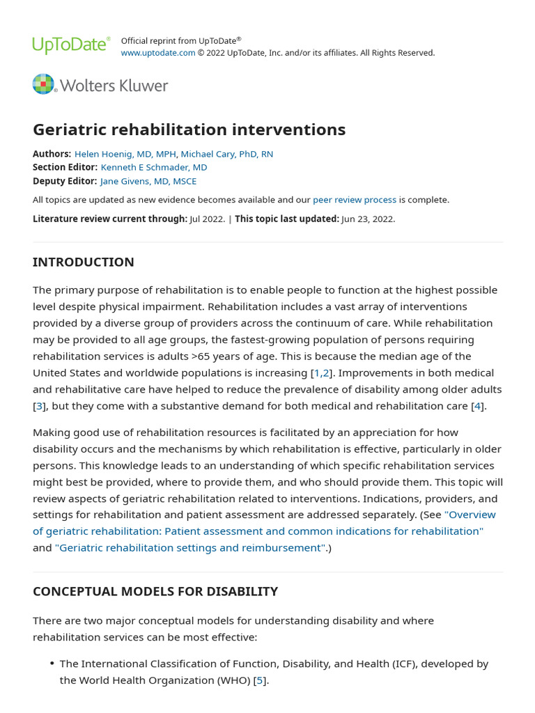 Geriatric Rehabilitation Interventions - UpToDate | PDF | Wheelchair ...