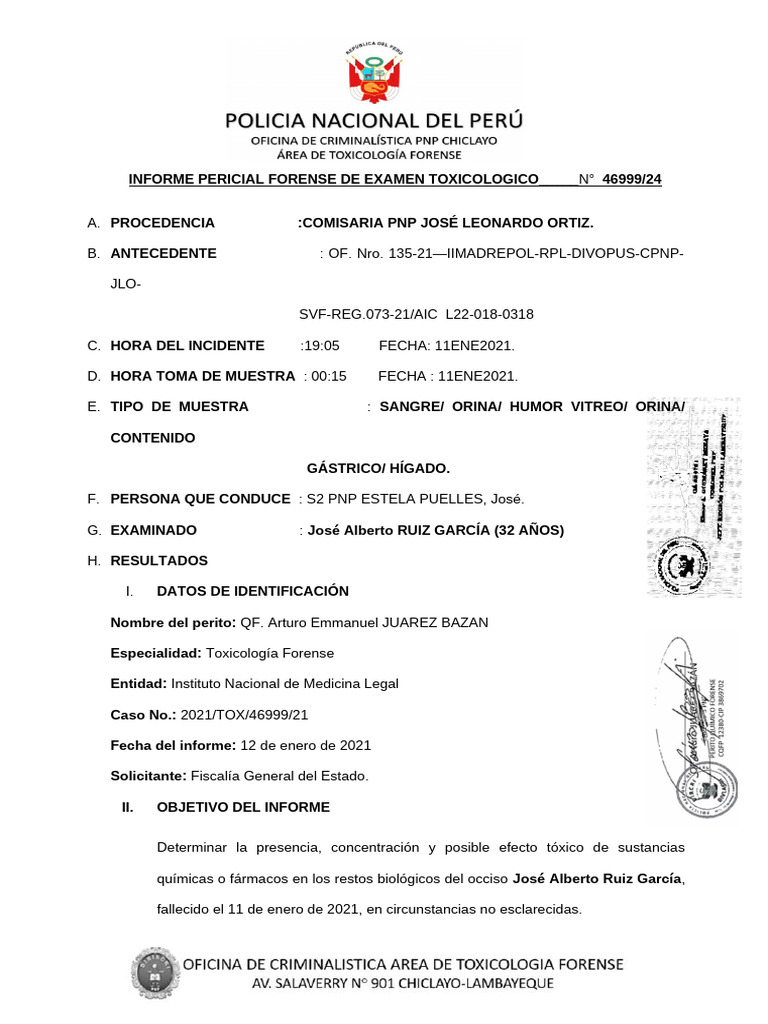Informe Pericial Forense de Examen Toxicologico | PDF | Jurisprudencia ...