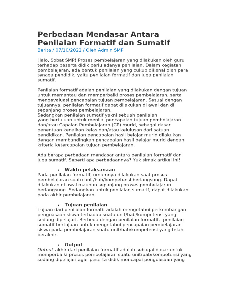 Perbedaan Penilaian Formatif dan Sumatif | PDF