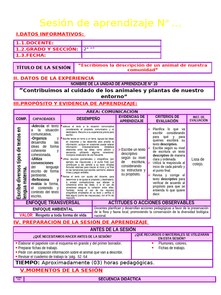 Sesión Lescribimos Una Descripción de Un Animal Maestra Janet | PDF ...