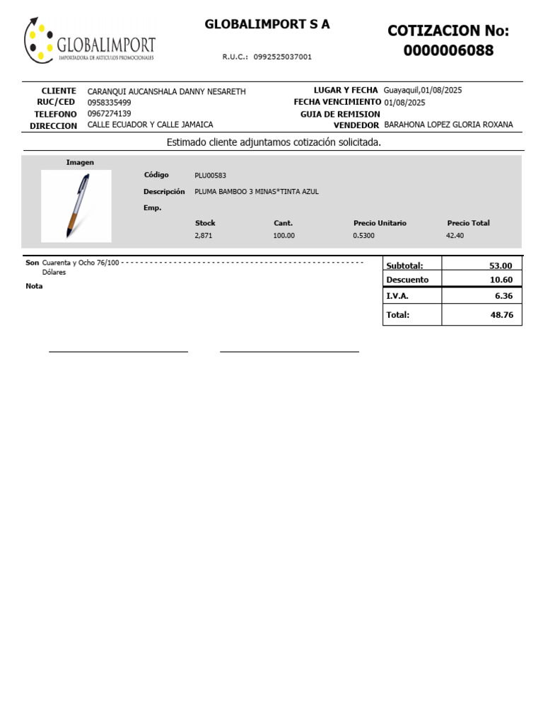 Cotizacion No.0000006088 - Caranqui Aucanshala Danny Nesareth | PDF