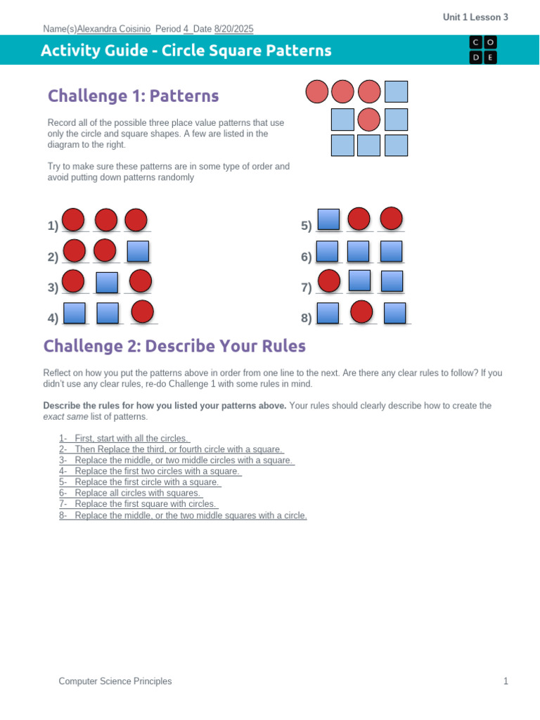 Circle Square Patterns - Unit 1 Lesson 3 | PDF
