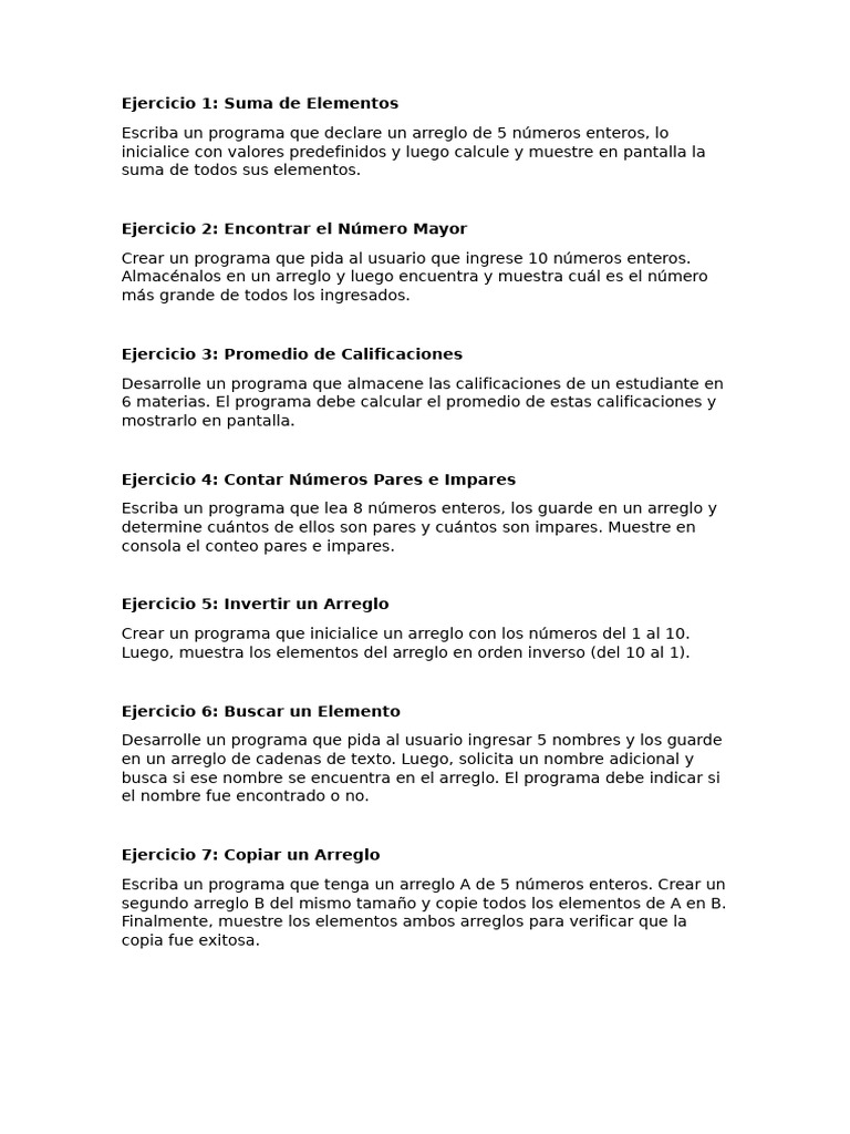 Ejercicios Arreglos Unidimensionales | PDF