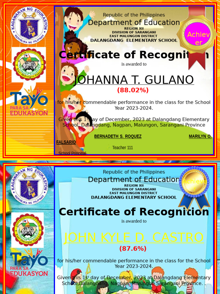 1st Grading Certificate 2023 2024 | PDF | Government Related Organizations | Governance