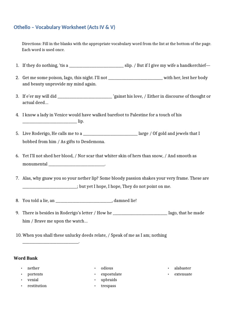Othello Vocab Acts4 5 Reformatted | PDF