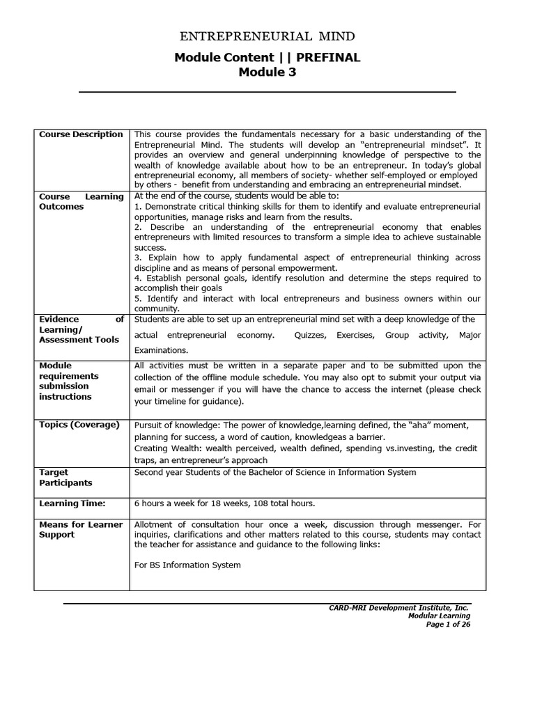 Entrep - Mind Prefinal Module | PDF | Entrepreneurship | Knowledge