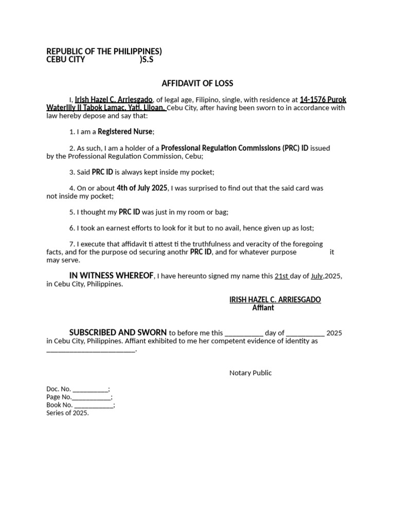 Affidavit of Loss for PRC ID in Cebu | PDF