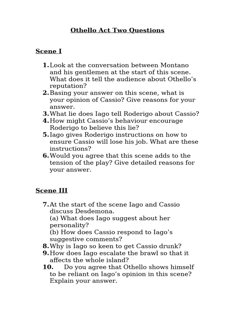 Othello Act 2 Scene Analysis Questions | PDF